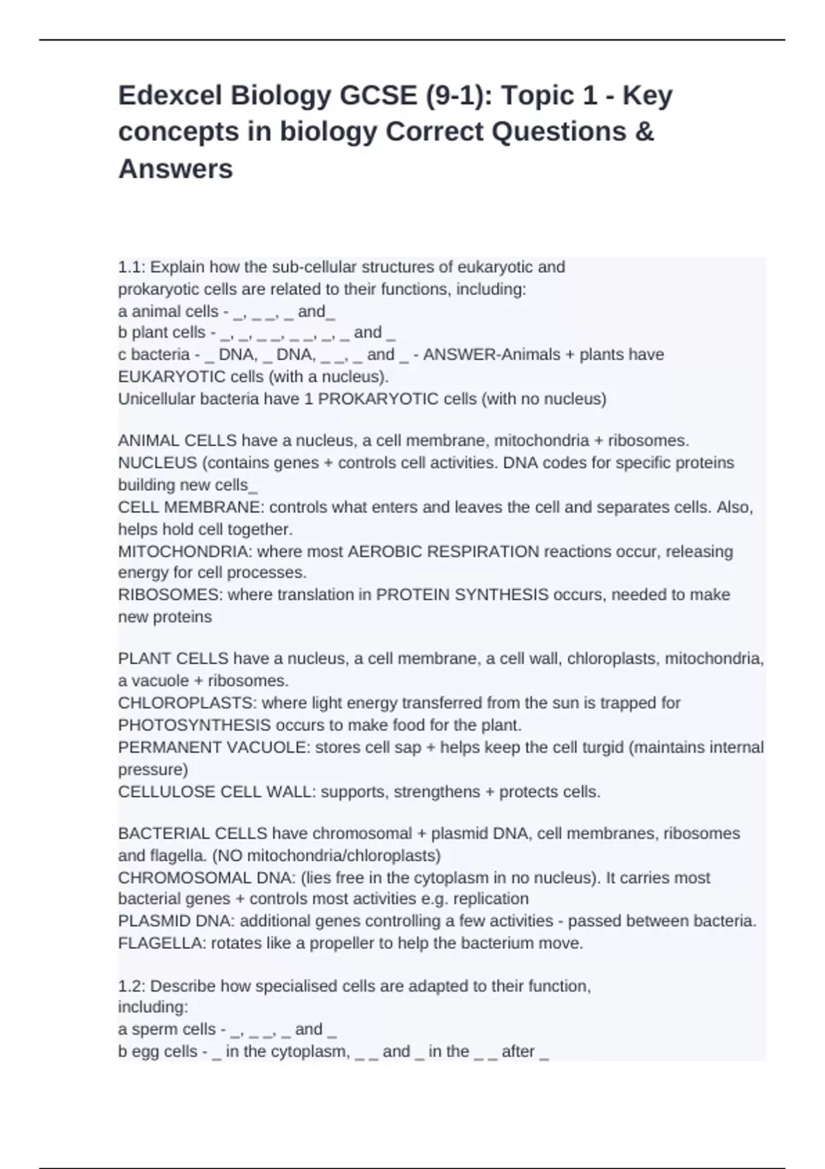 Edexcel Biology GCSE (9-1): Topic 1 - Key concepts in biology Correct ...