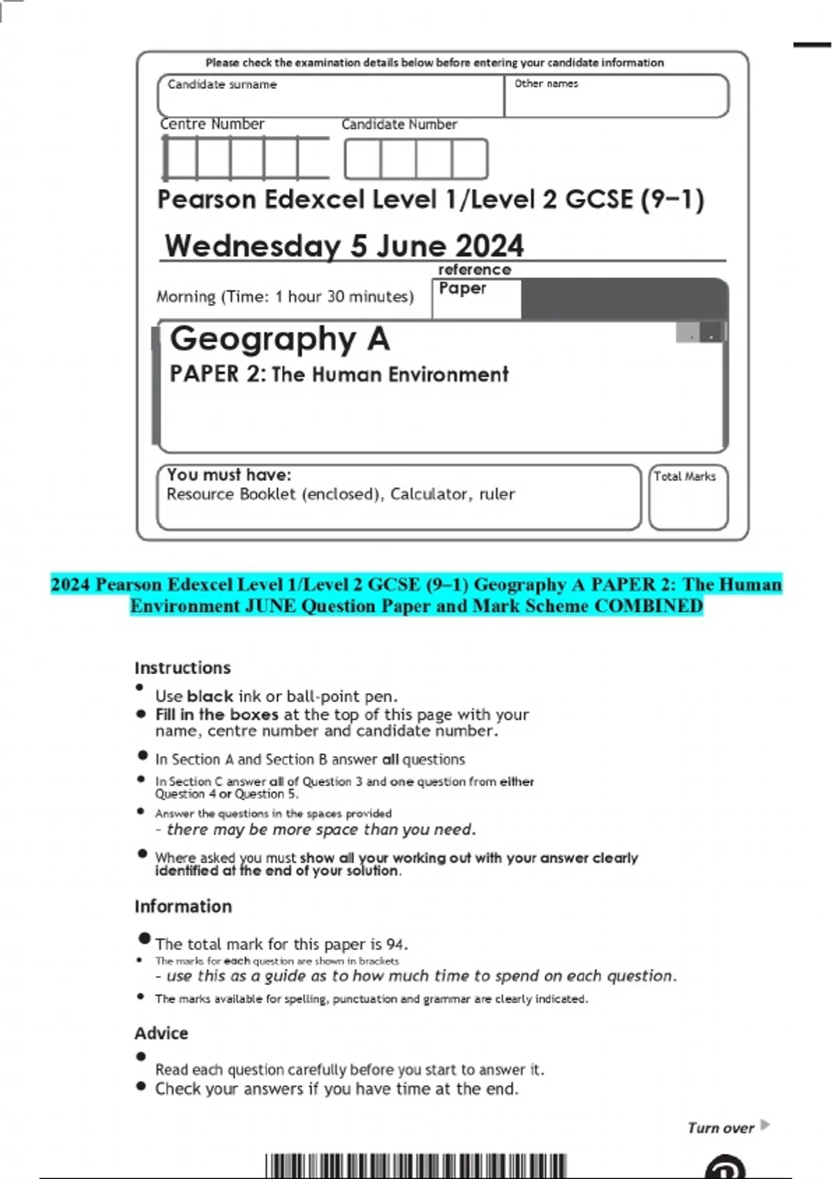 2024 Pearson Edexcel Level 1/Level 2 GCSE (9–1) Geography A PAPER 2 ...