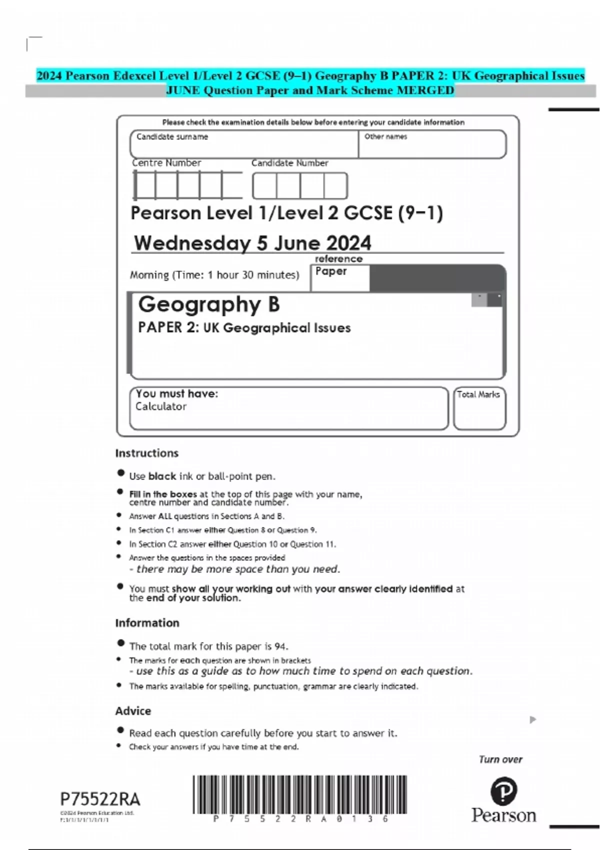 2024 Pearson Edexcel Level 1/Level 2 GCSE (9–1) Geography B PAPER 2: UK ...