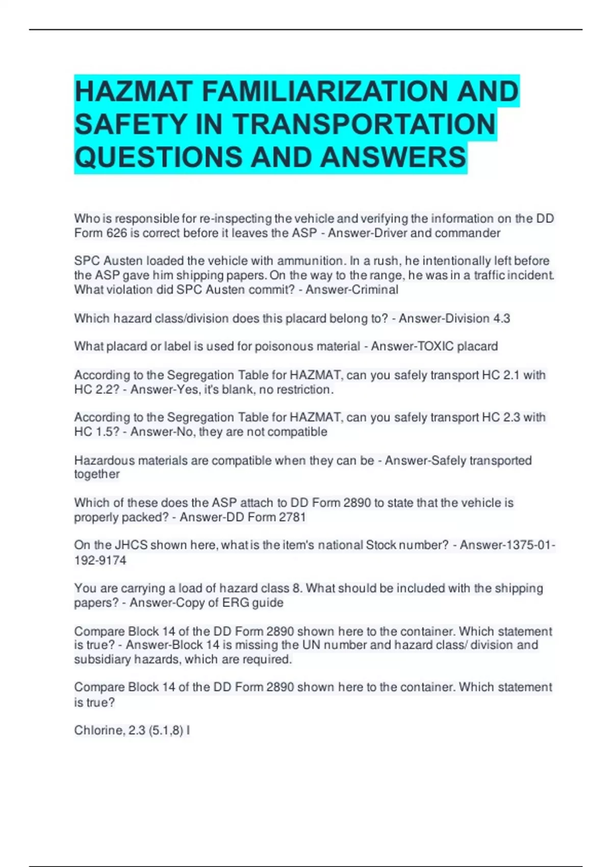 HAZMAT FAMILIARIZATION AND SAFETY IN TRANSPORTATION QUESTIONS AND ...