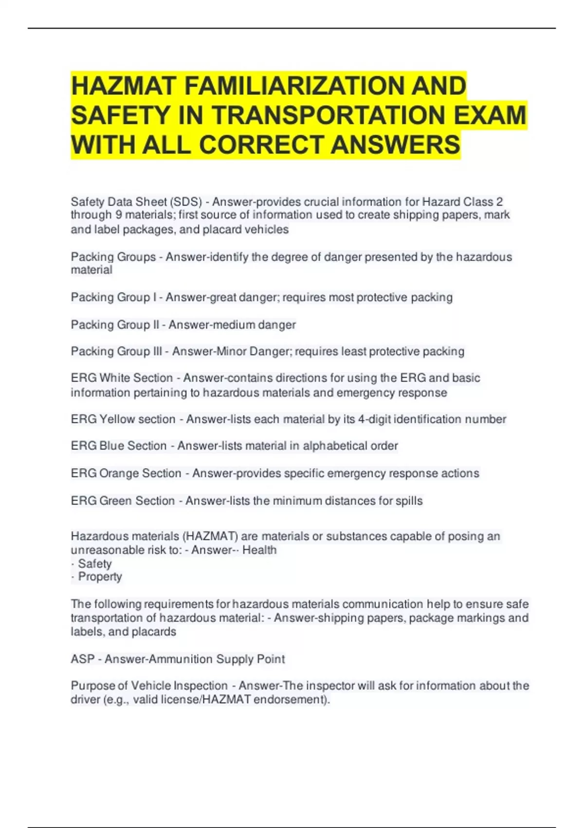 HAZMAT FAMILIARIZATION AND SAFETY IN TRANSPORTATION EXAM WITH ALL ...