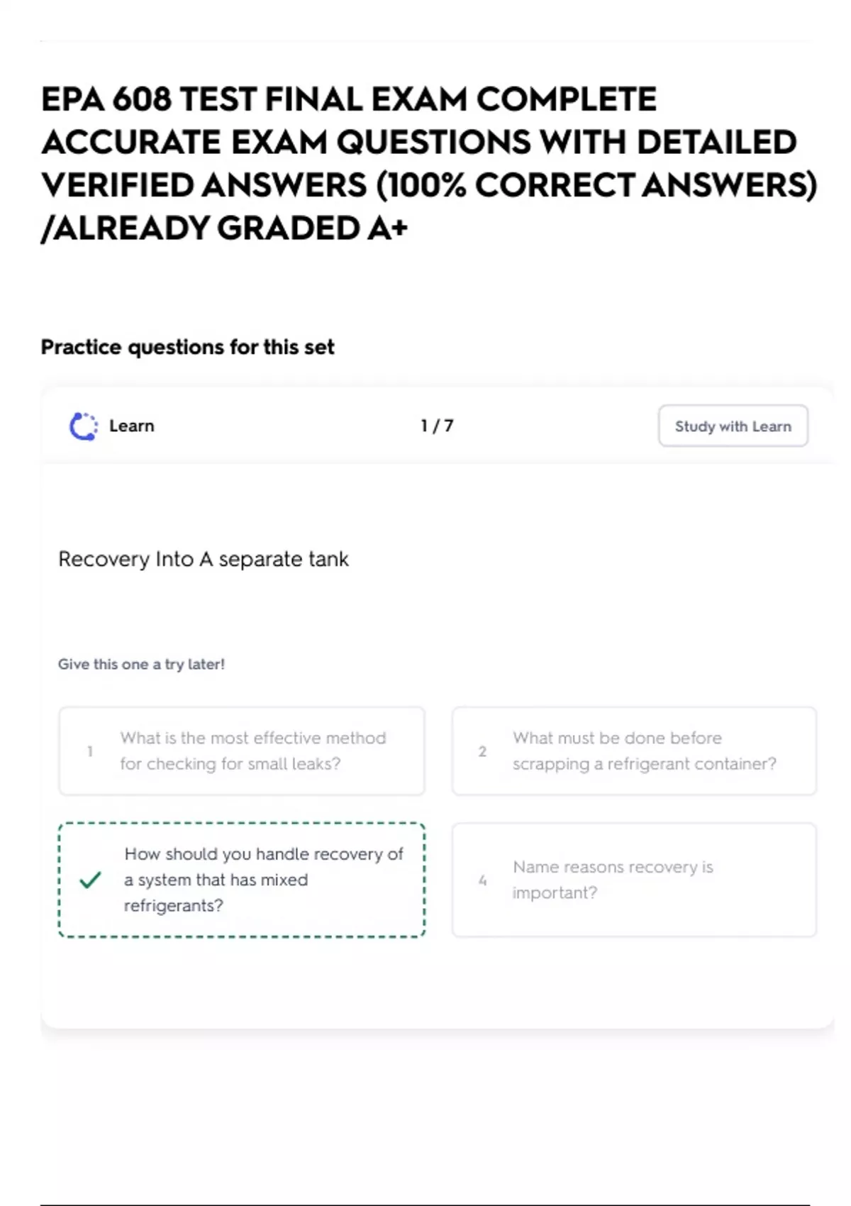 EPA 608 TEST FINAL EXAM COMPLETE ACCURATE EXAM QUESTIONS WITH DETAILED ...