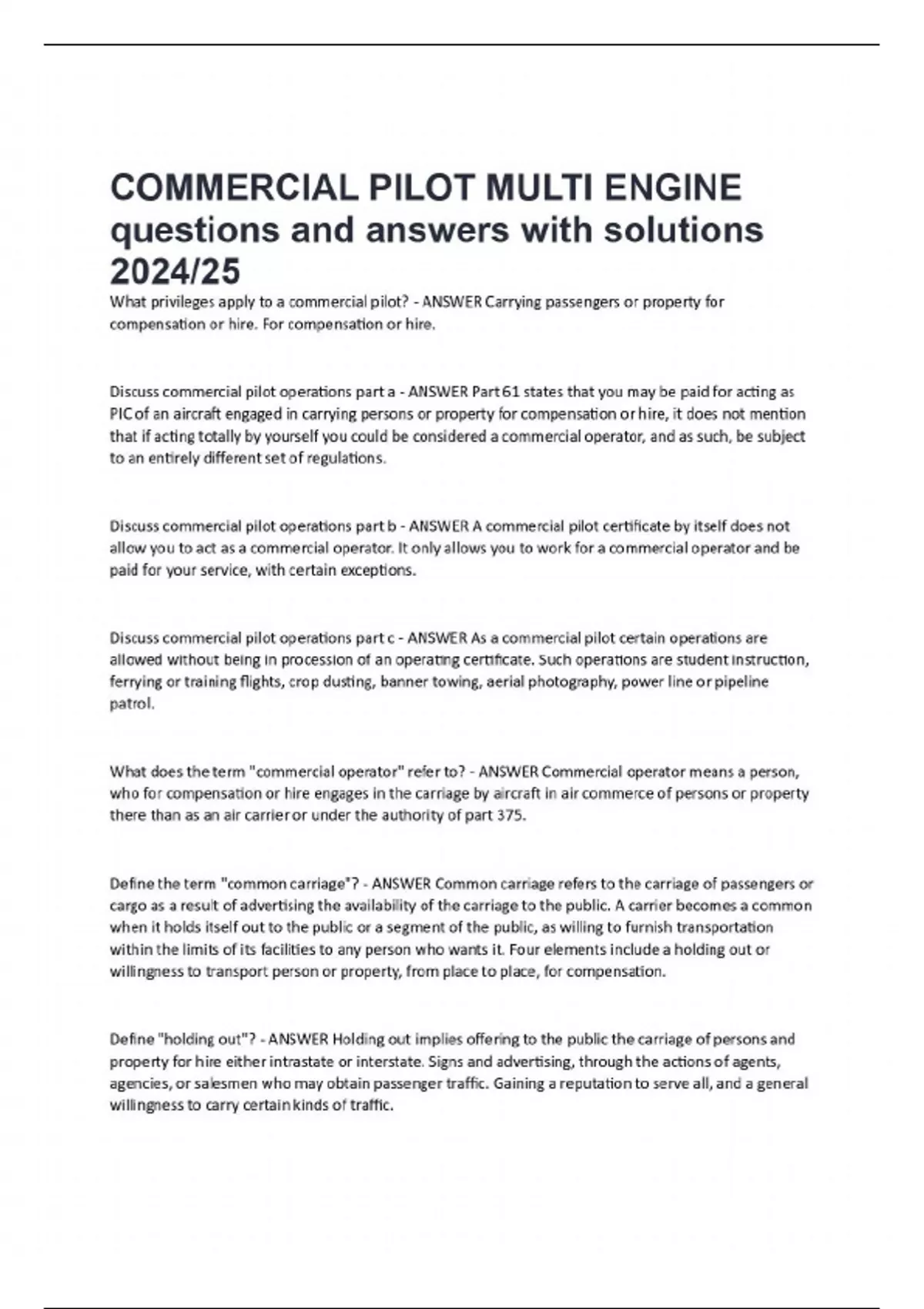 COMMERCIAL PILOT MULTI ENGINE questions and answers with solutions 2024 ...