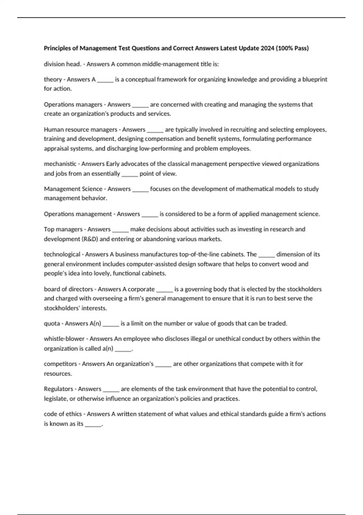 Principles of Management Test Questions and Correct Answers Latest ...