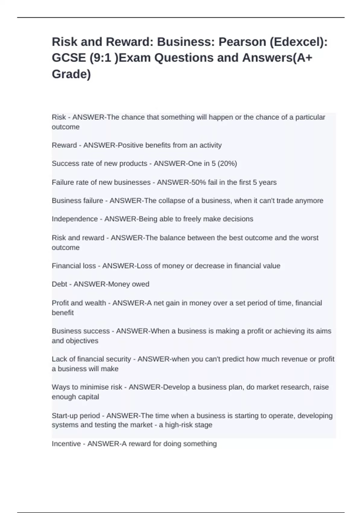 Risk and Reward: Business: Pearson (Edexcel): GCSE (9:1 )Exam Questions ...