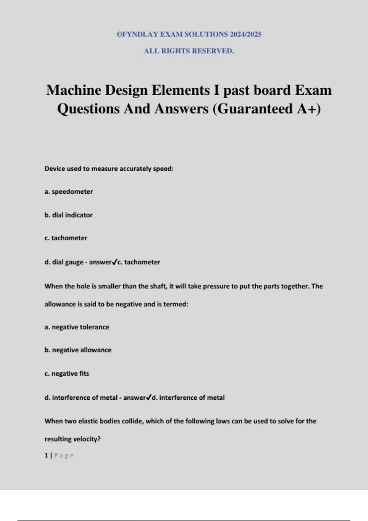 Machine Design Elements I past board Exam Questions And Answers (Guaranteed A+) - Machine Design ...
