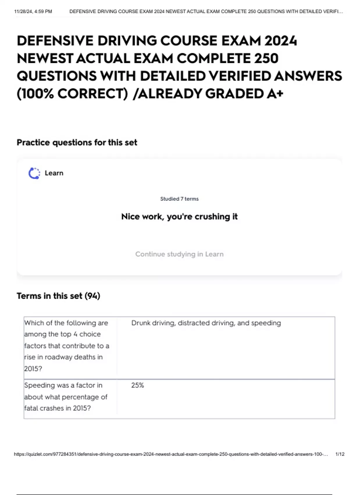 DEFENSIVE DRIVING COURSE EXAM 2024 NEWEST ACTUAL EXAM COMPLETE 250 ...