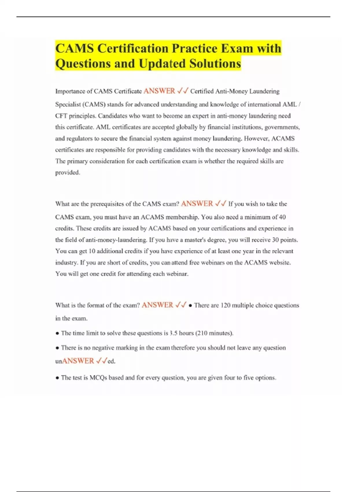 CAMS Certification Practice Exam with Questions and Updated Solutions ...