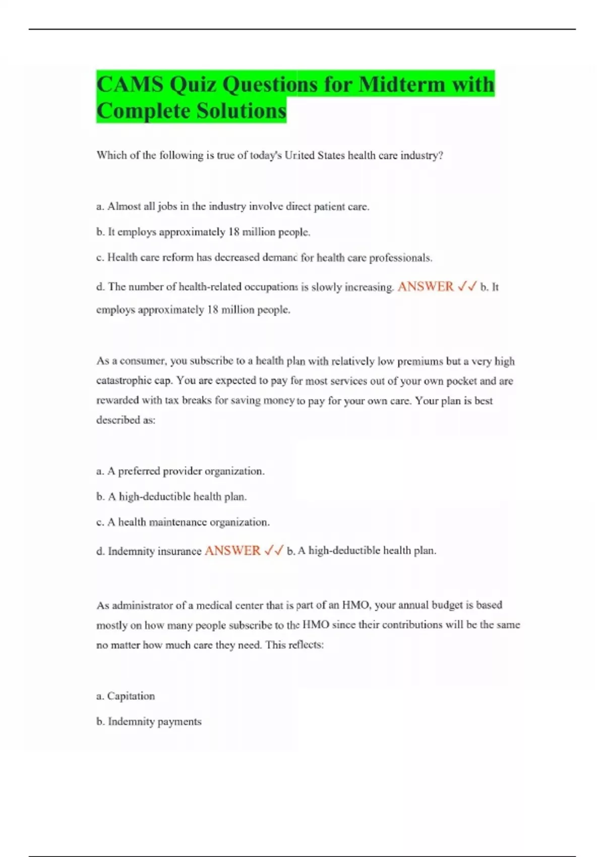 CAMS Quiz Questions for Midterm with Complete Solutions - CAMS - Stuvia UK