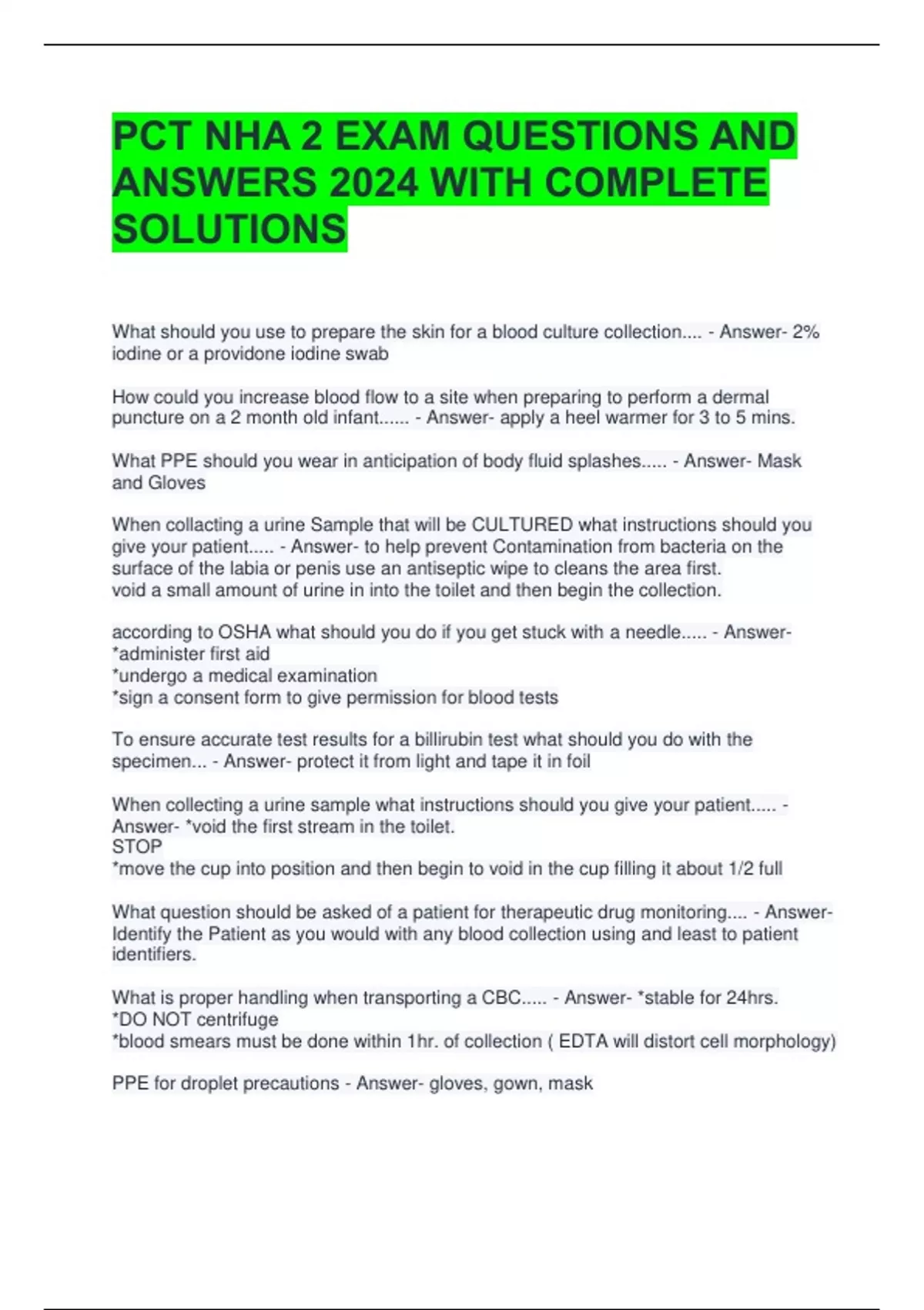 PCT NHA 2 EXAM QUESTIONS AND ANSWERS 2024 WITH COMPLETE SOLUTIONS - PCT ...