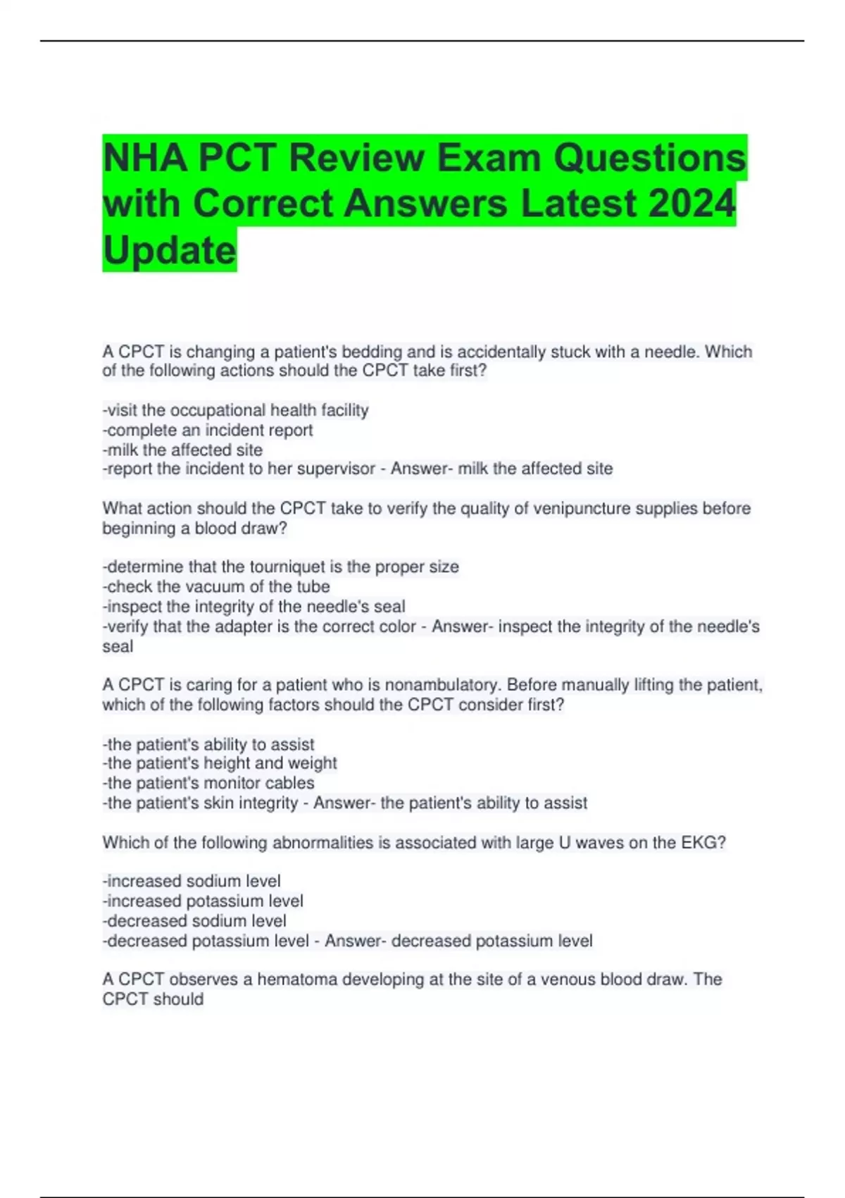 NHA PCT Review Exam Questions with Correct Answers Latest 2024 Update ...