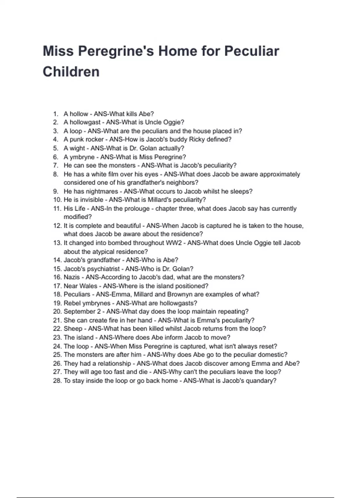 Miss Peregrine's Home for Peculiar Children QUESTIONS AND CORRECT ...