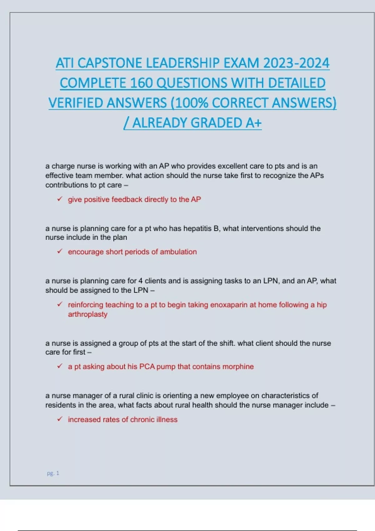 ATI CAPSTONE LEADERSHIP EXAM COMPLETE 160 QUESTIONS WITH DETAILED ...