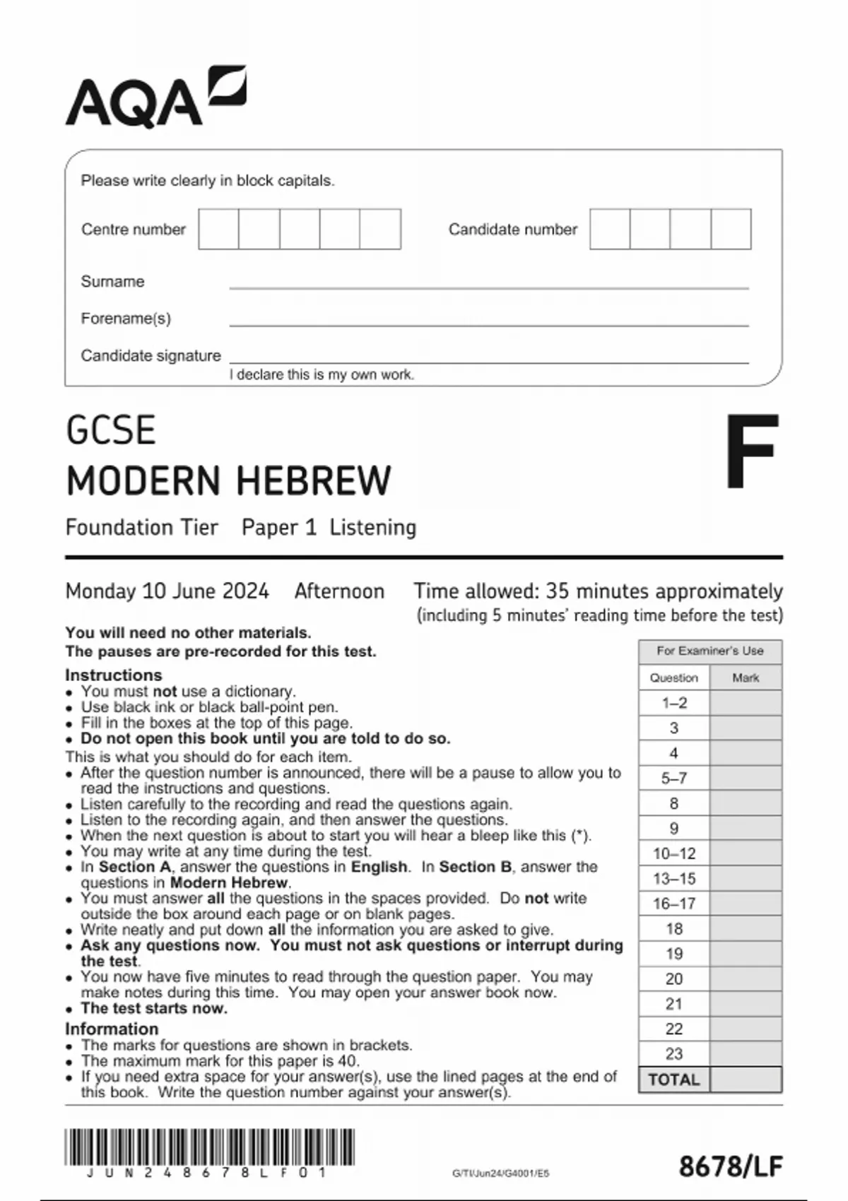 AQA GCSE MODERN HEBREW QUESTION PAPER 1 2024 (8678/LF Foundation Tier ...