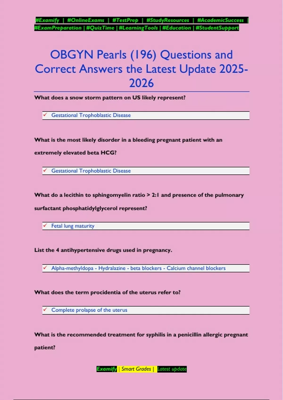 OBGYN Pearls (196) Questions and Correct Answers the Latest Update ...