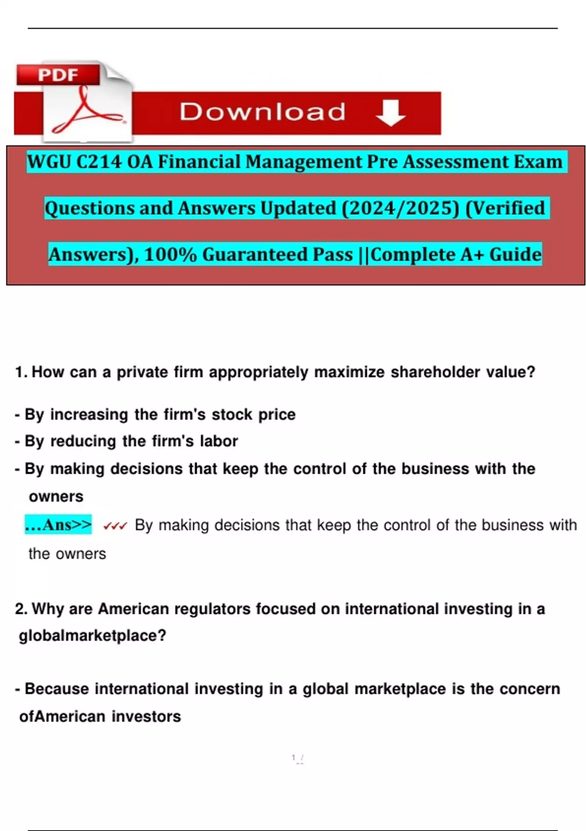 Wgu C214 Oa Financial Management Pre Assessment Exam Questions And