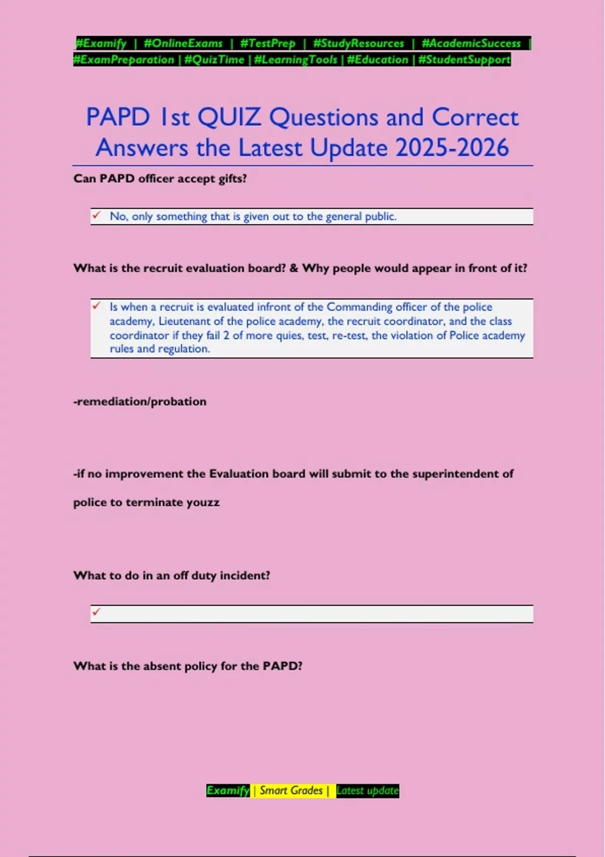 PAPD 1st QUIZ Questions and Correct Answers the Latest Update PAPD 1st ...