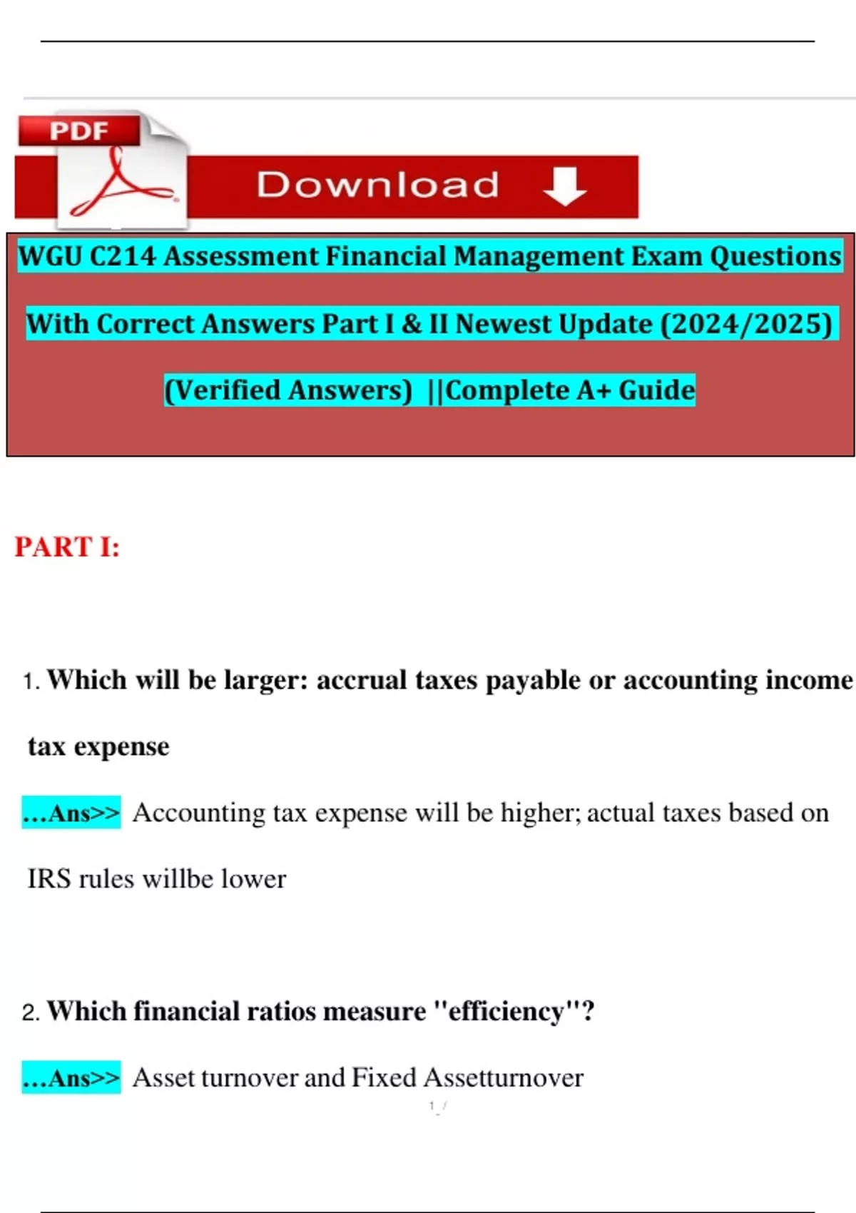 WGU C214 Assessment Financial Management Exam Questions With Correct ...