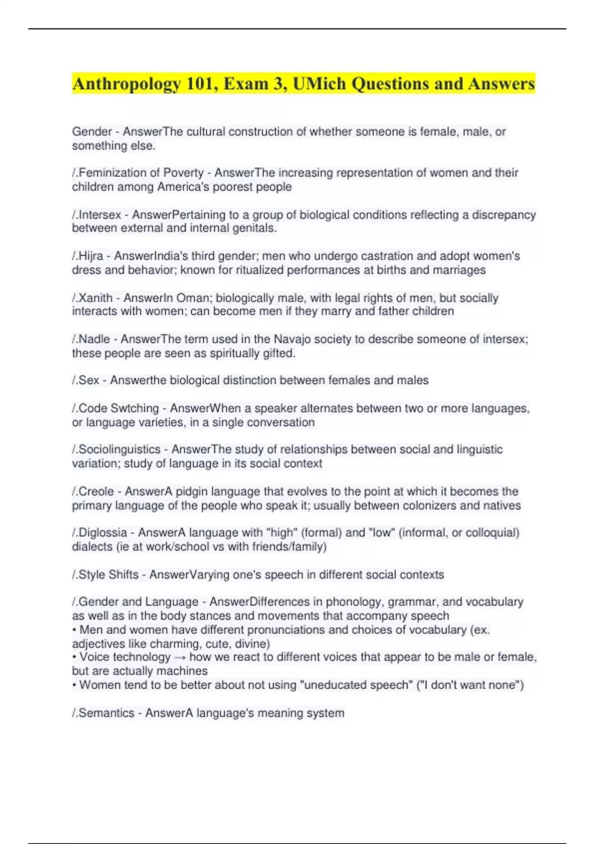 Anthropology 101, Exam 3, UMich Questions and Answers - Anthropology ...