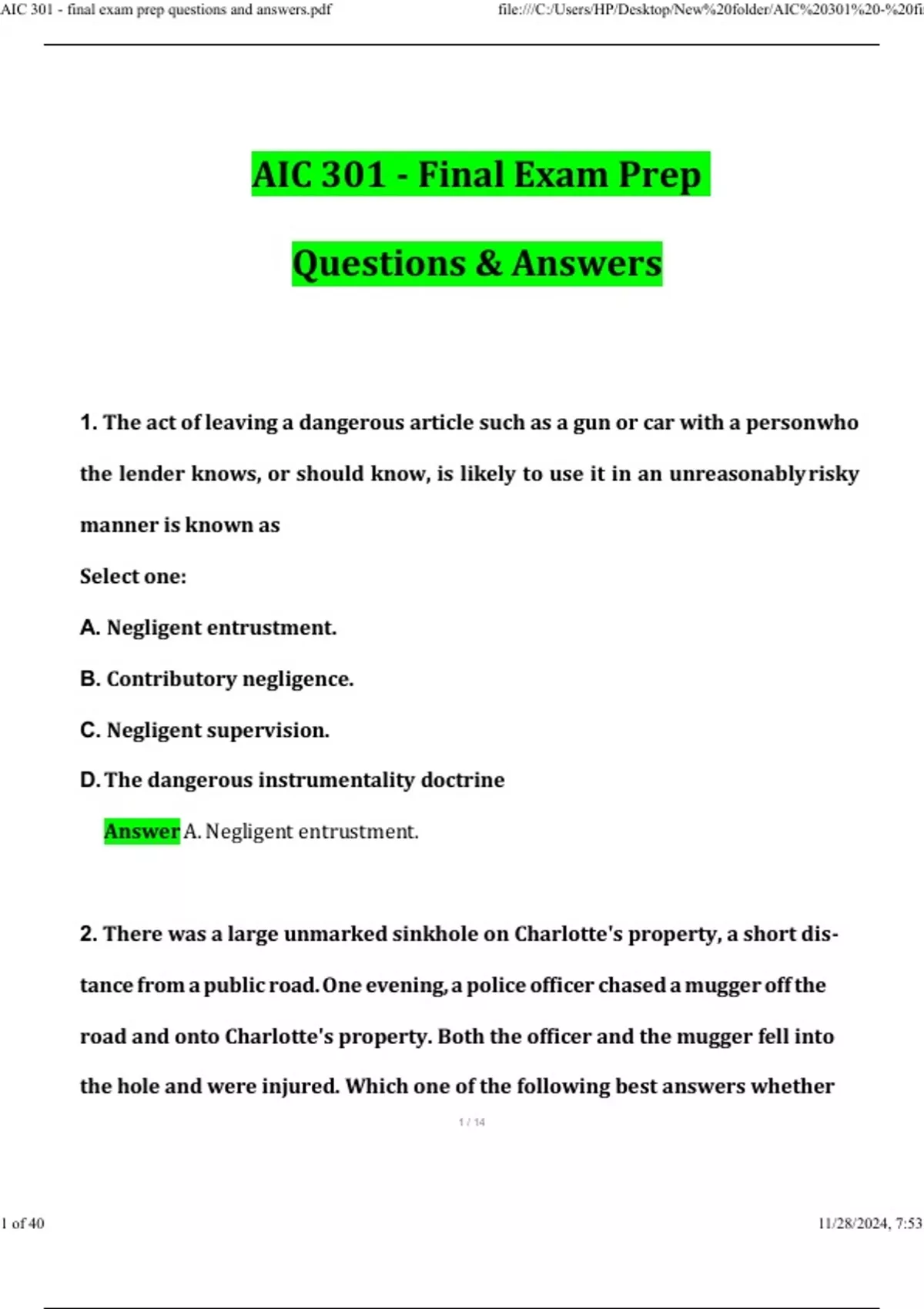 AIC 301 - Final Exam Prep (2024 / 2025) Questions and Verified Answers ...