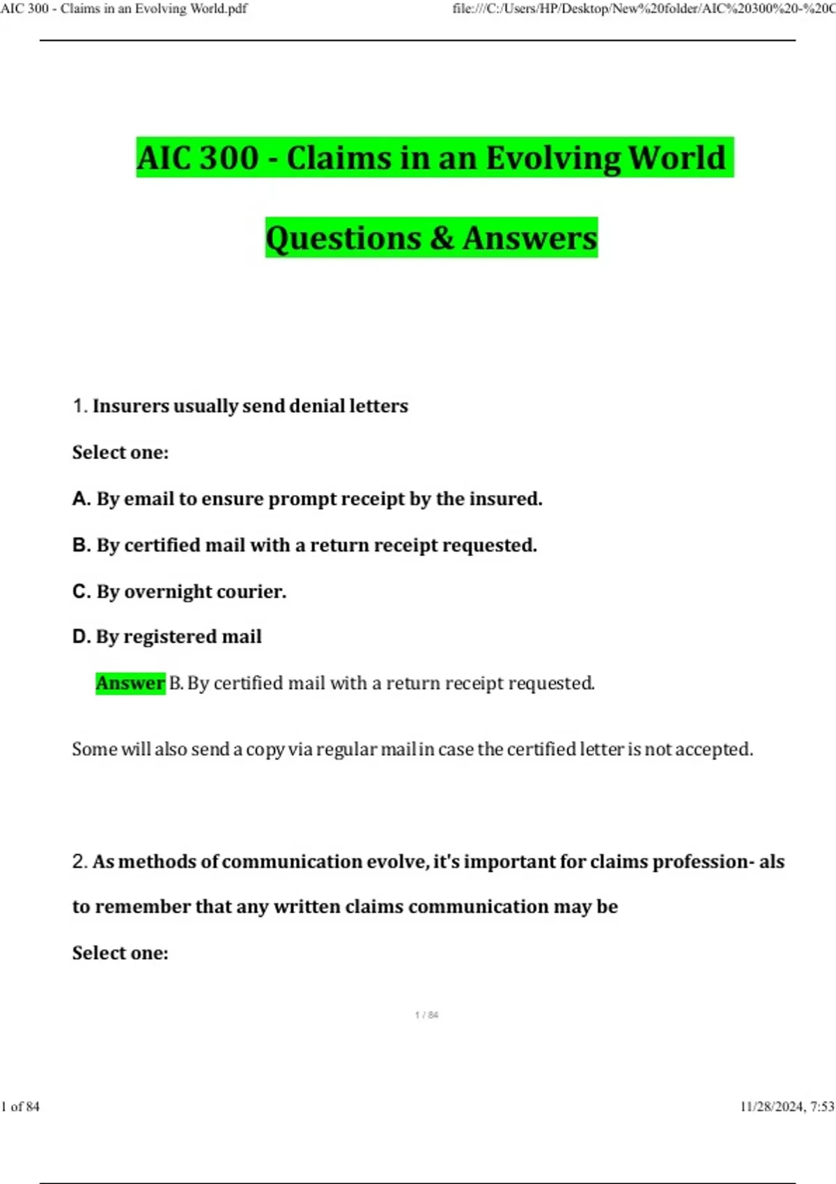 AIC 300 - Claims in an Evolving World (2024 / 2025) Questions and ...