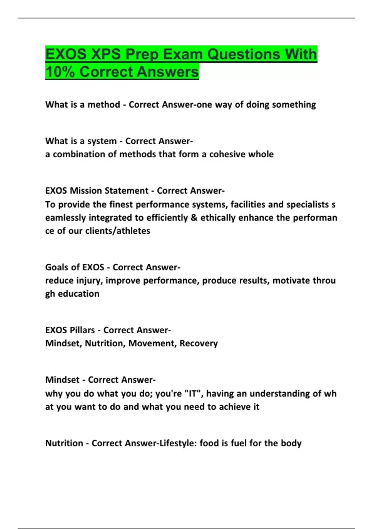 EXOS XPS Prep Exam Questions With 10% Correct Answers 2024 - EXOS ...