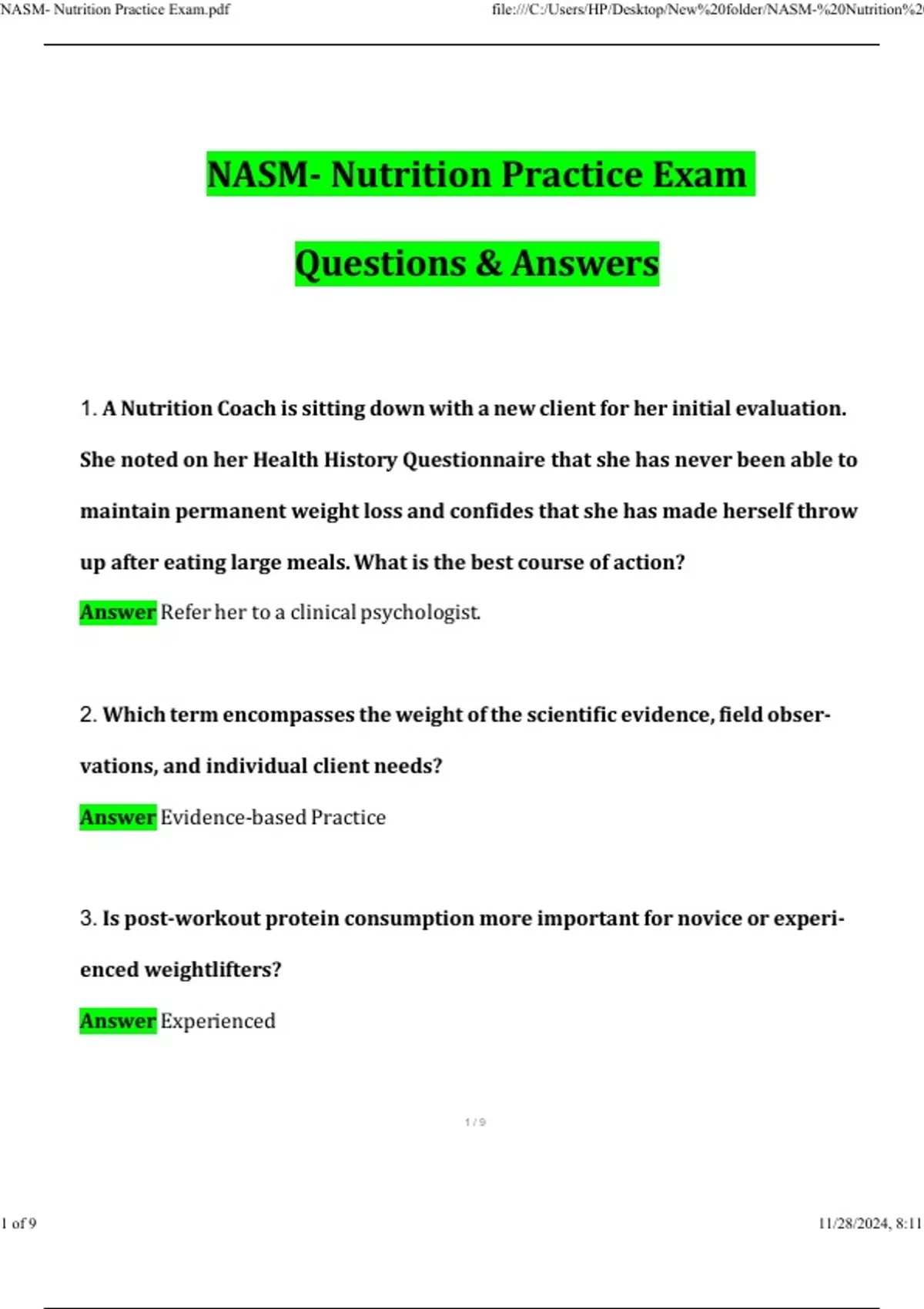 NASM- Nutrition Practice Exam (2024 / 2025) Questions and Verified ...