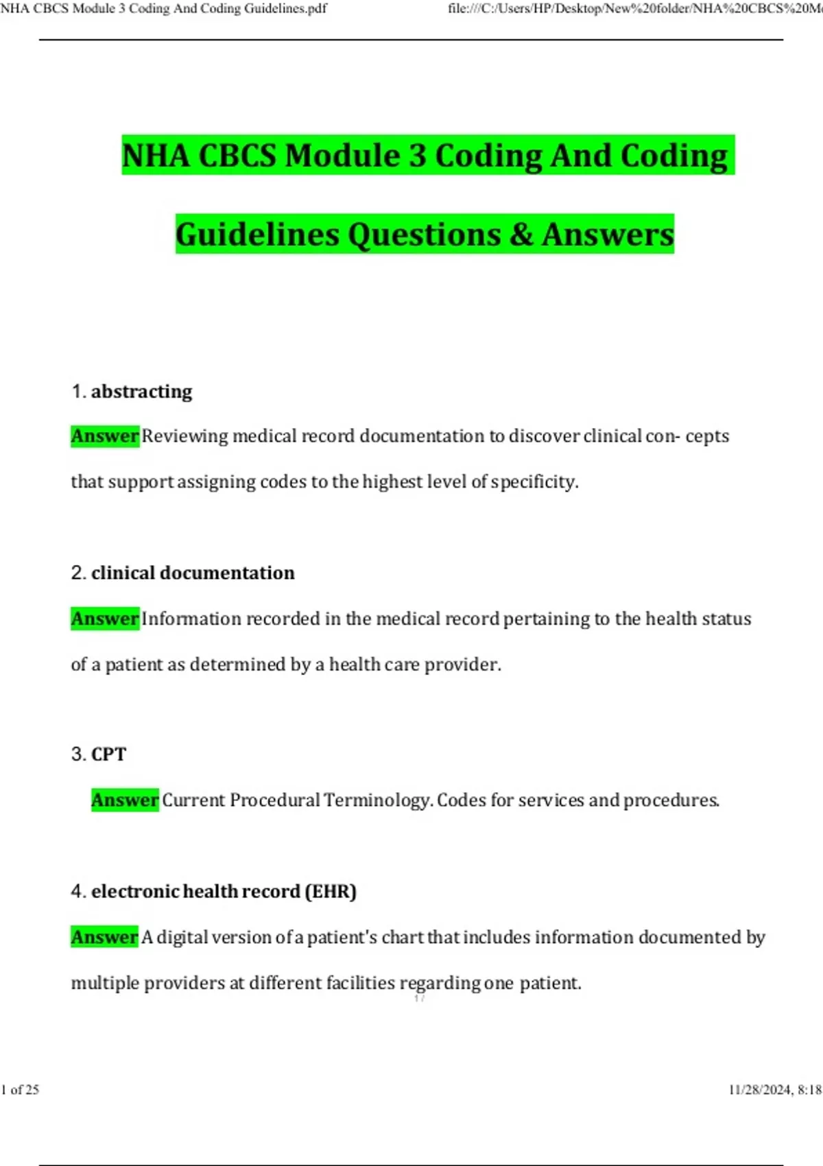 NHA CBCS Module 3 Coding And Coding Guidelines (2024 / 2025) Questions ...