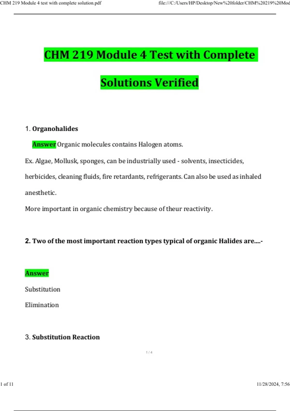 CHM 219 Module 4 Test with Complete Solution Latest Update - CHM 219 ...