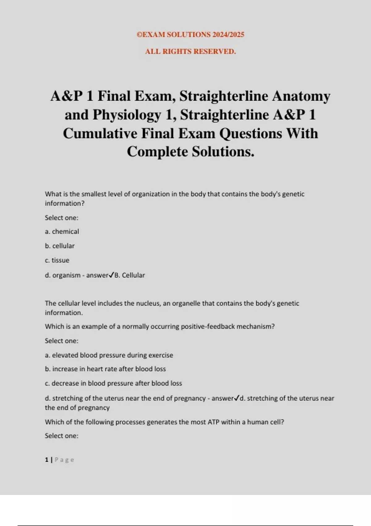 A&P 1 Final Exam, Straighterline Anatomy and Physiology 1 ...