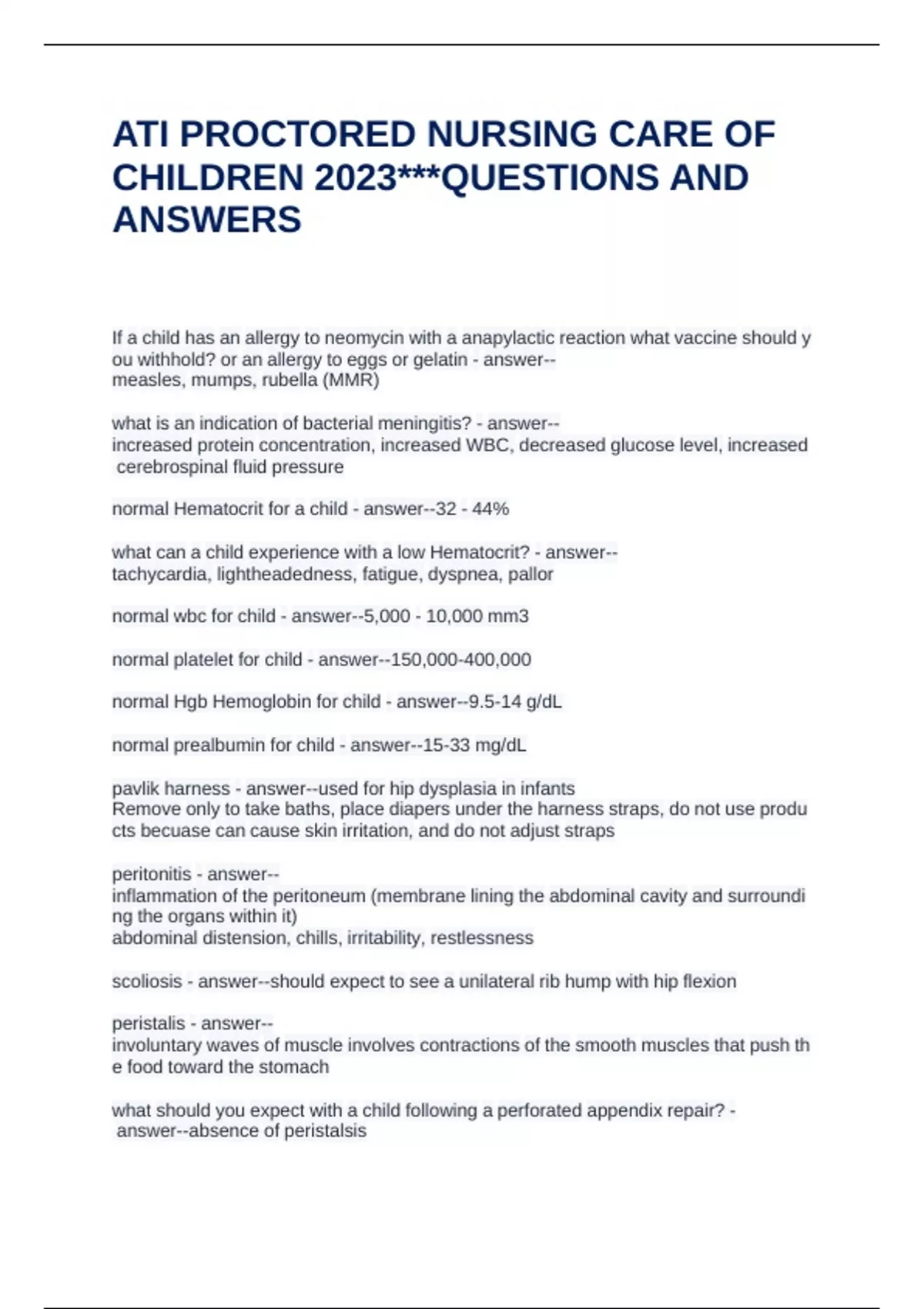 ATI PROCTORED NURSING CARE OF CHILDREN 2023***QUESTIONS AND ANSWERS ...
