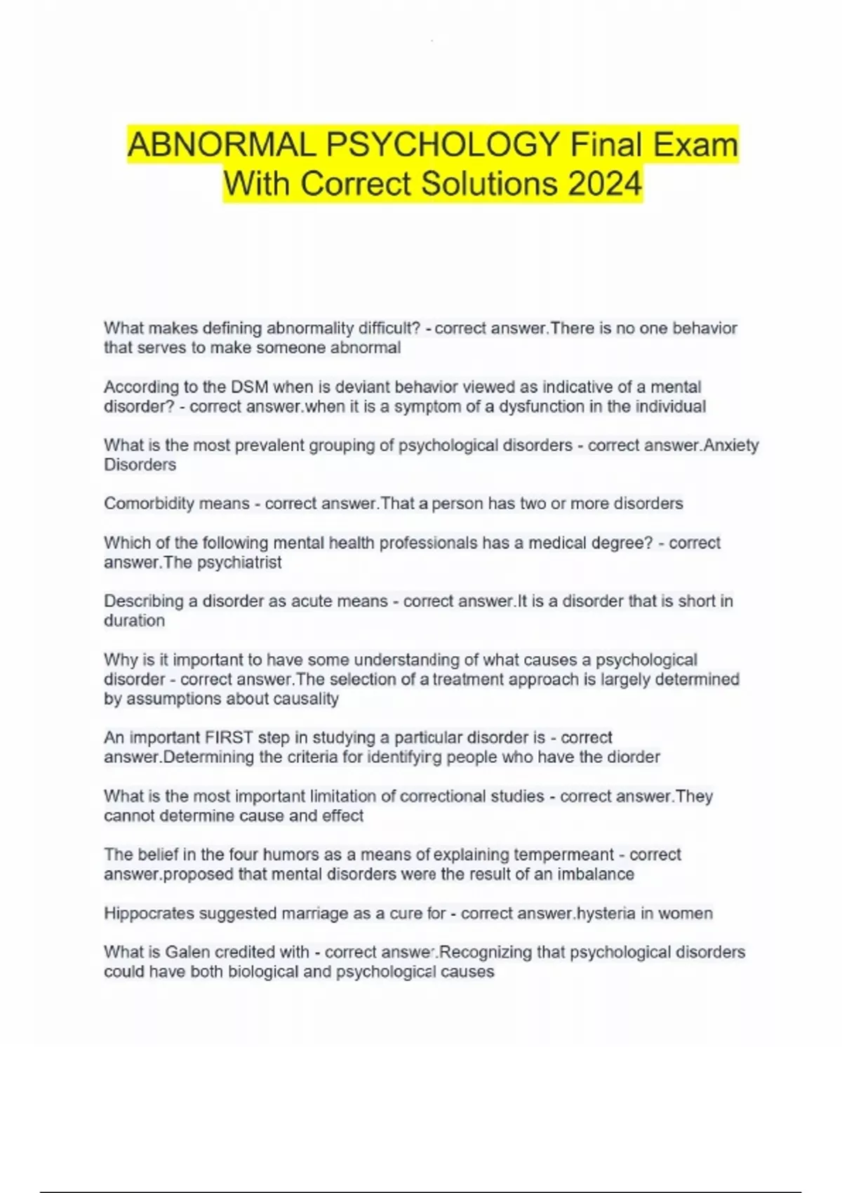 ABNORMAL PSYCHOLOGY Final Exam With Correct Solutions 2024 - ABNORMAL ...