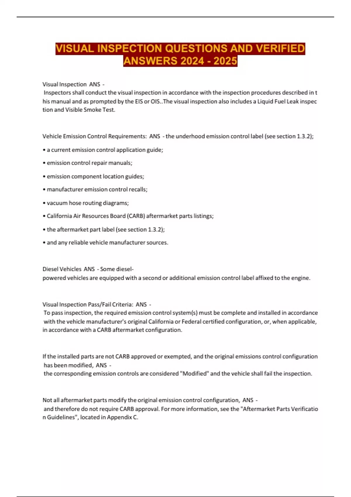 VISUAL INSPECTION QUESTIONS AND VERIFIED ANSWERS - Smog inspector ...