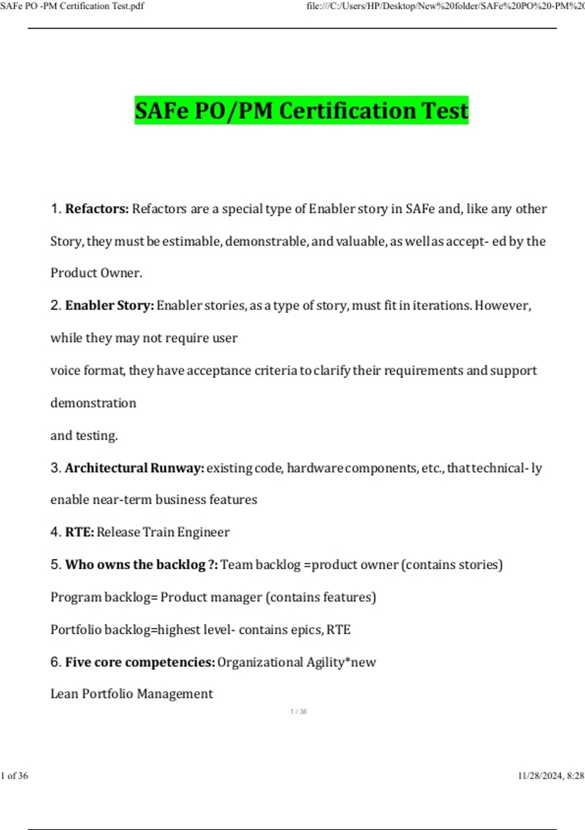 SAFe PO -PM Certification Test (2024 / 2025) Questions and Verified ...