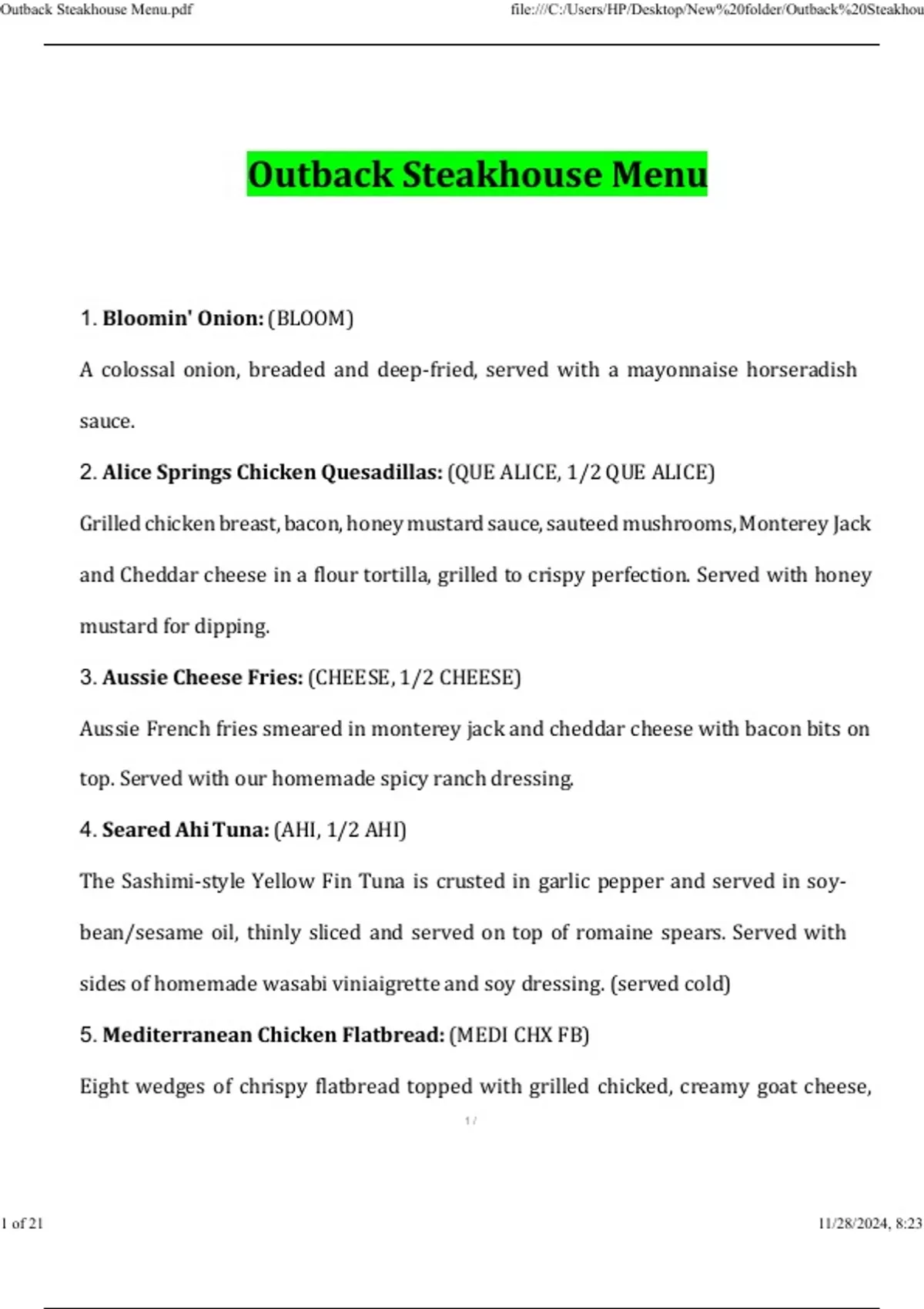 Outback Steakhouse Menu (2024 / 2025) Questions and Verified Answers ...