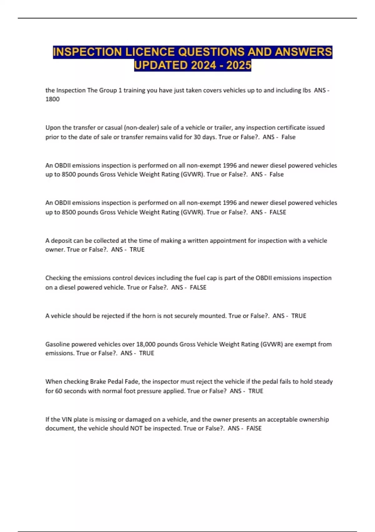 INSPECTION LICENCE QUESTIONS AND ANSWERS UPDATED - Smog inspector ...