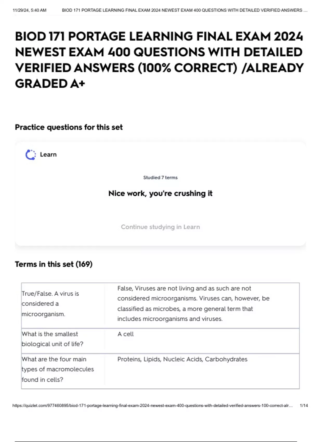 BIOD 171 PORTAGE LEARNING FINAL EXAM 2024 NEWEST EXAM 400 QUESTIONS WITH DETAILED VERIFIED ...