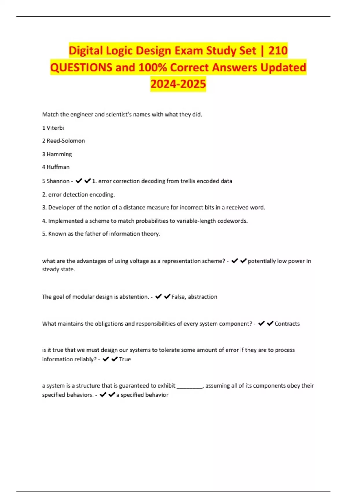Digital Logic Design Exam Study Set | 210 QUESTIONS and 100% Correct Answers Updated - Digital ...