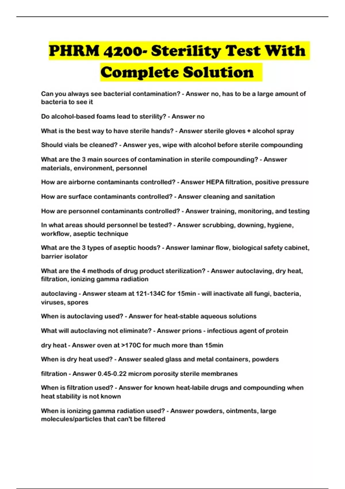 PHRM 4200- Sterility Test With Complete Solution - PHRM 4200 - Stuvia US