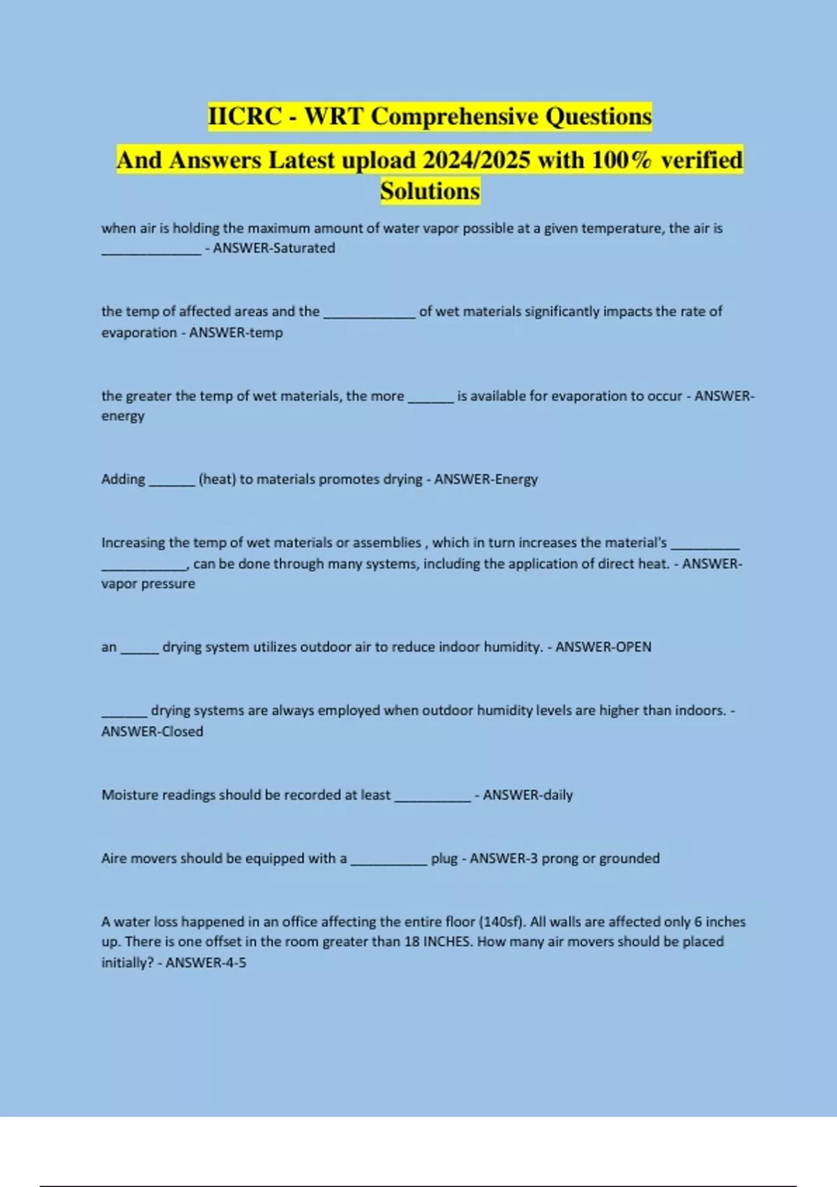 IICRC - WRT Comprehensive Questions And Answers Latest upload 2024/2025 ...