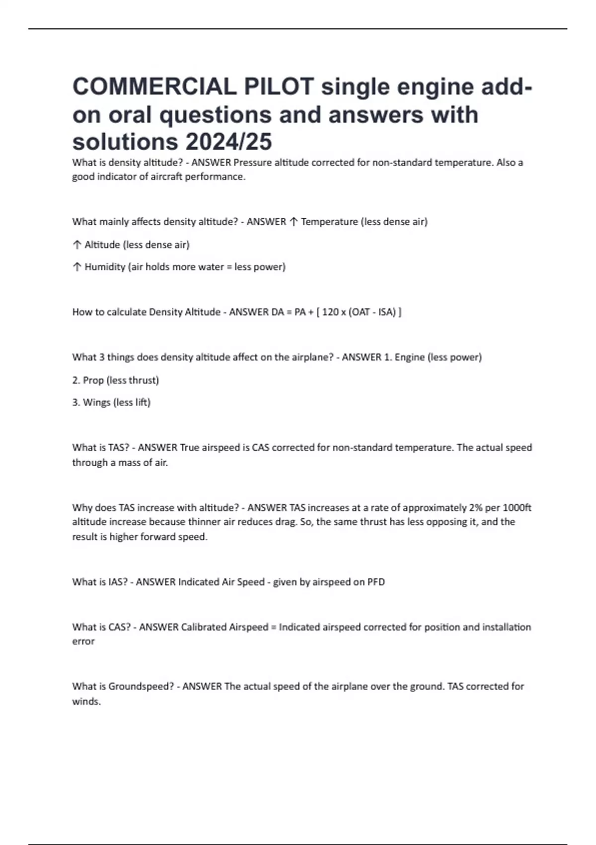 COMMERCIAL PILOT single engine add-on oral questions and answers with ...