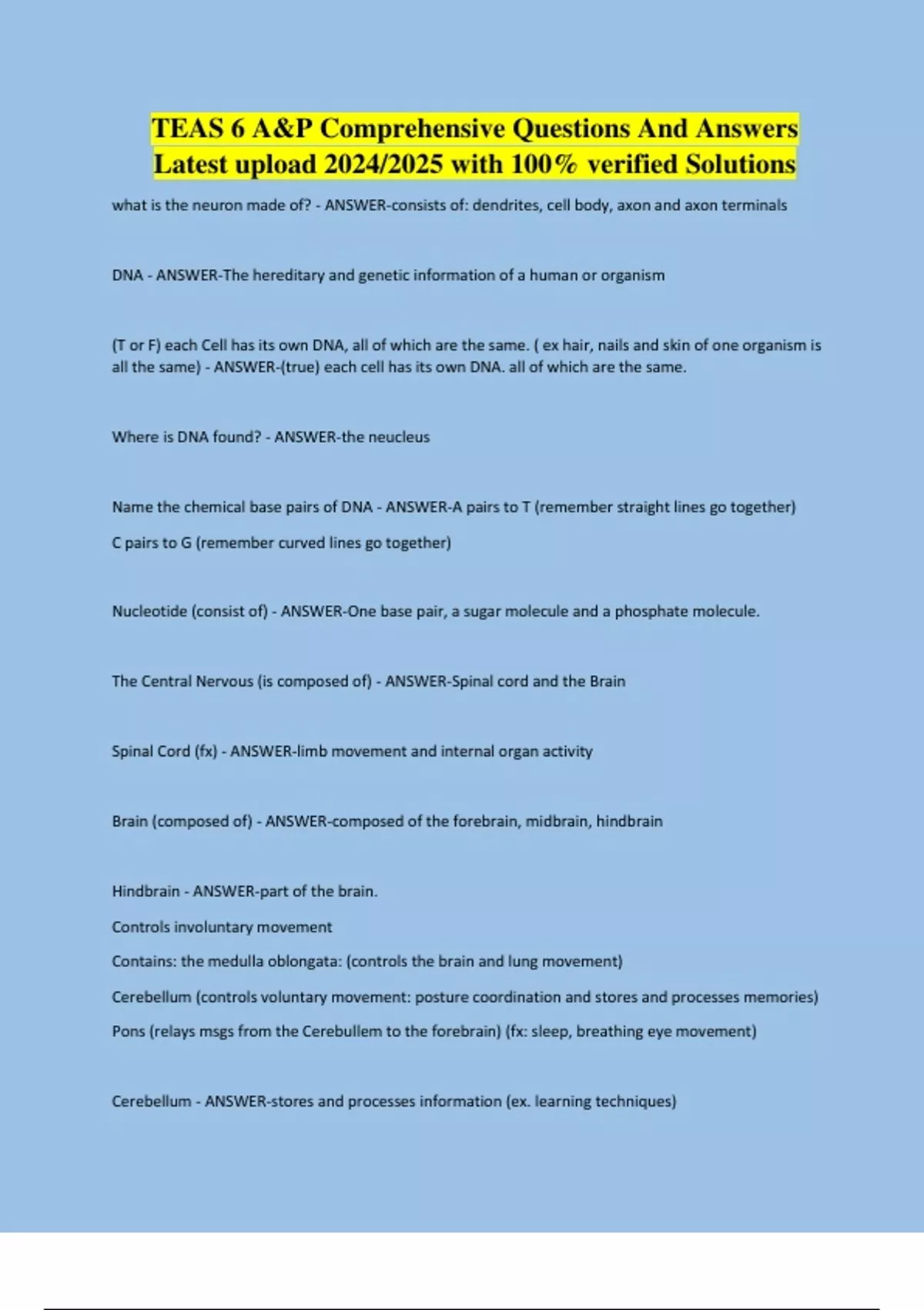 TEAS 6 A&P Comprehensive Questions And Answers Latest upload 2024/2025 ...