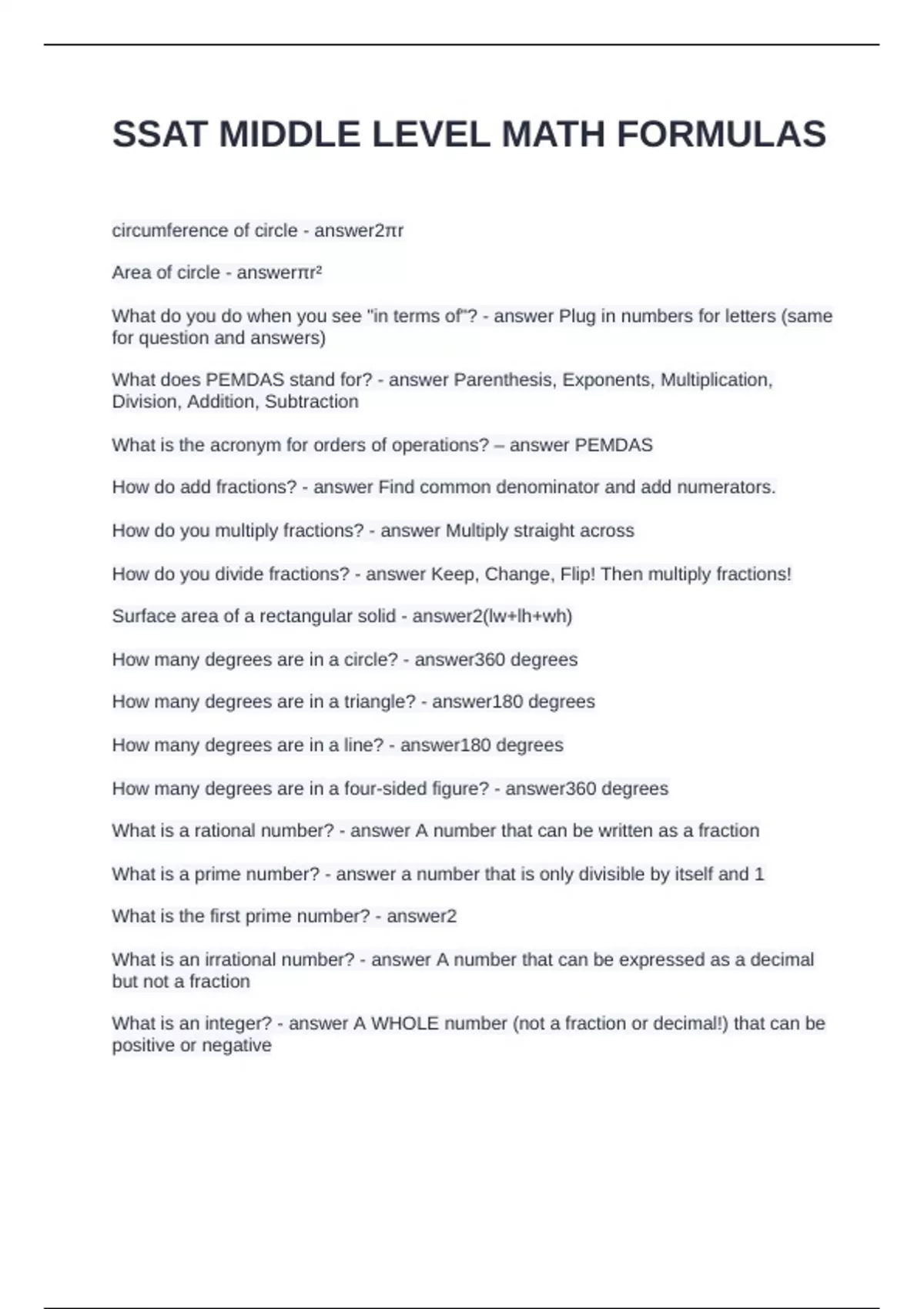 SSAT MIDDLE LEVEL MATH FORMULAS QUESTIONS AND ANSWERS 100% CORRECT - SSAT - Stuvia US