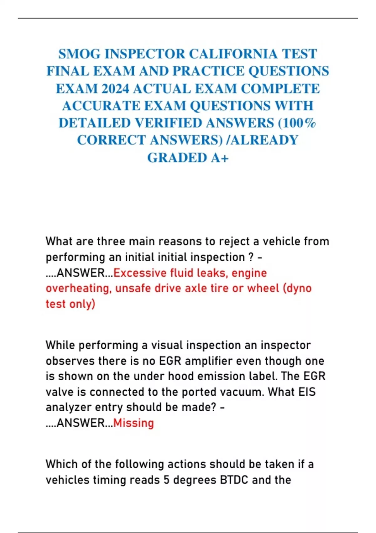 SMOG INSPECTOR CALIFORNIA TEST FINAL EXAM AND PRACTICE QUESTIONS EXAM ...
