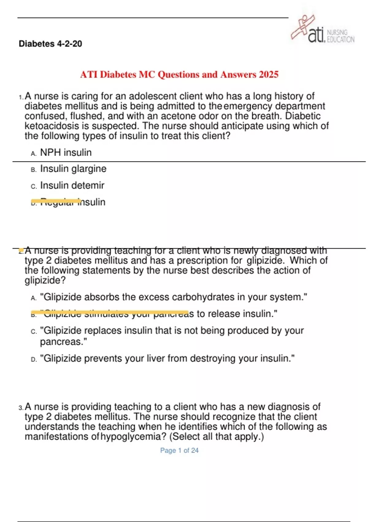 ATI Diabetes MC Questions and Answers 2025 - ATI Diabetes - Stuvia US