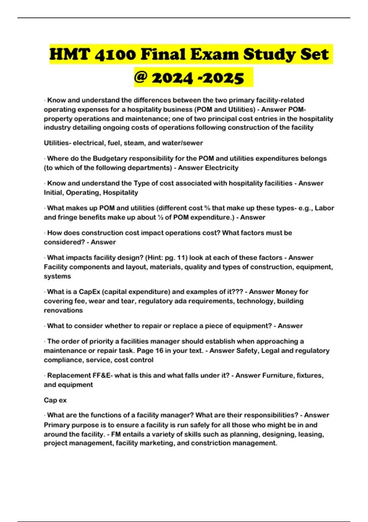 HMT 4100 Final Exam Study Set @ - HMT 4100 - Stuvia US