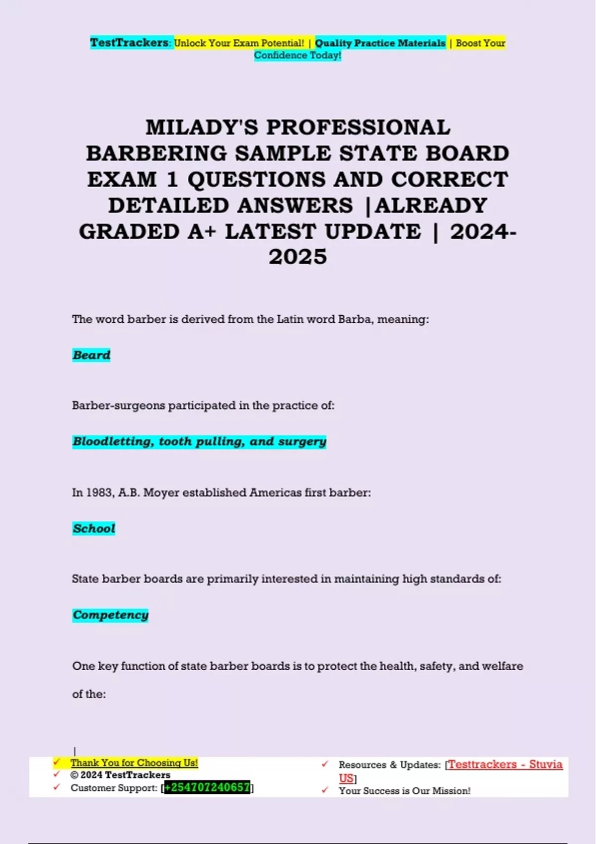 MILADY'S PROFESSIONAL BARBERING SAMPLE STATE BOARD EXAM 1 QUESTIONS AND ...