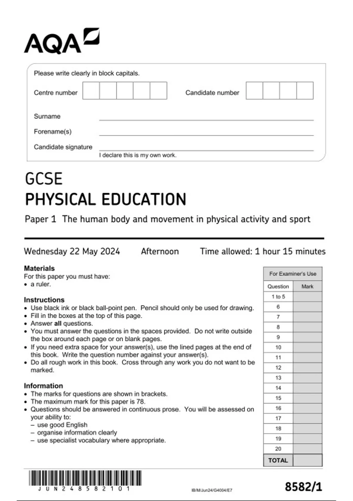 AQA GCSE PHYSICAL EDUCATION Paper 1 JUNE 2024 QUESTION PAPER: The human ...
