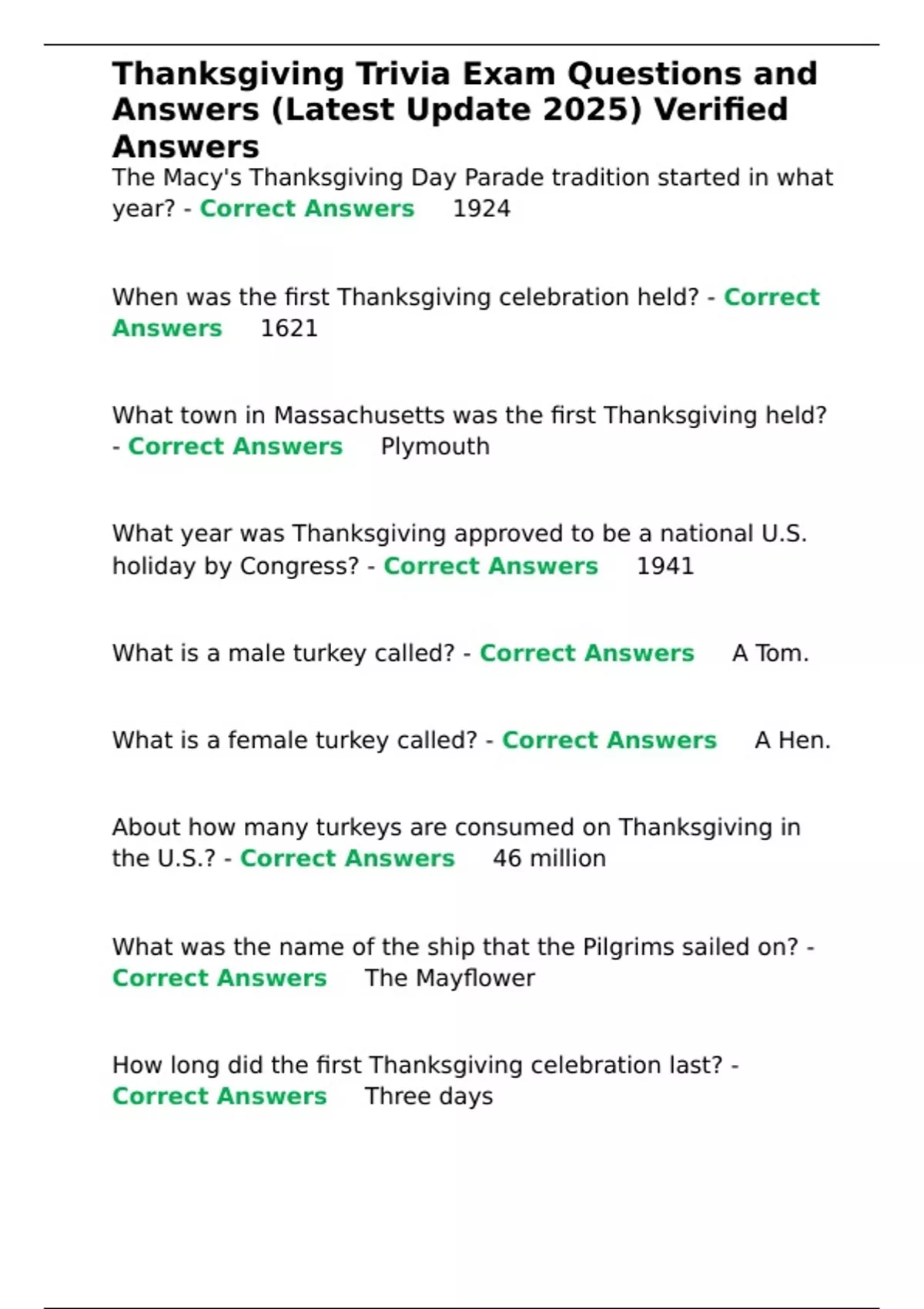 Thanksgiving Trivia Exam Questions and Answers (Latest Update 2025 ...