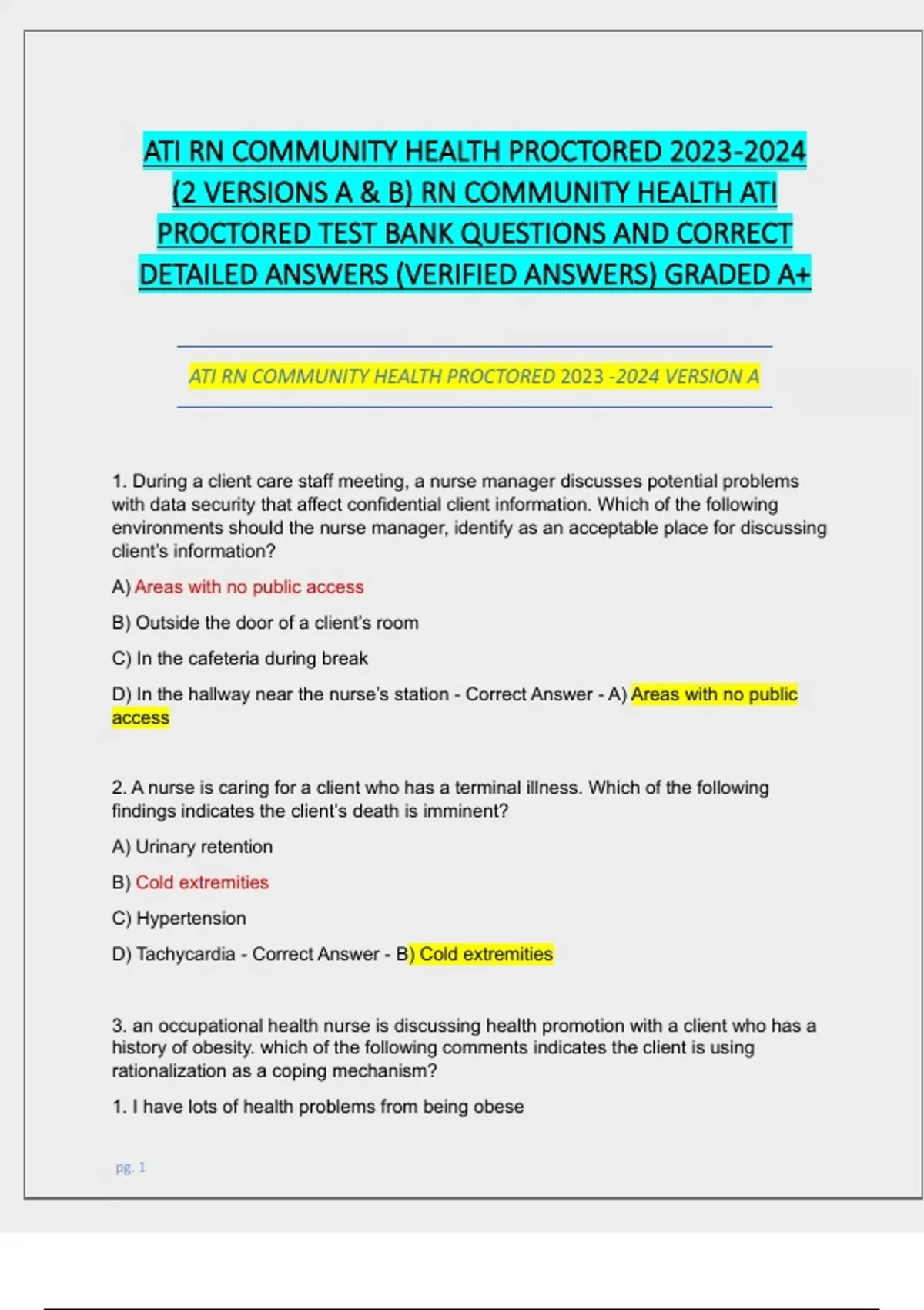 ATI RN COMMUNITY HEALTH PROCTORED (2 VERSIONS A & B) RN COMMUNITY ...